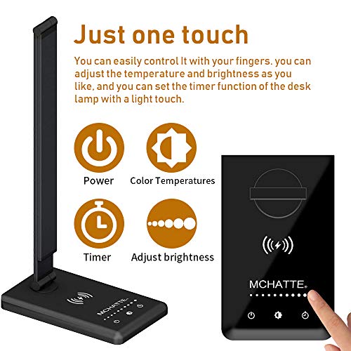 mchatte LED Desk Lamp with Wireless Charger, USB Charging Port, Dimmable Eye-Caring Desk Light with 5 Brightness Levels & 5 Lighting Modes, Touch Control, Auto Timer (Black)
