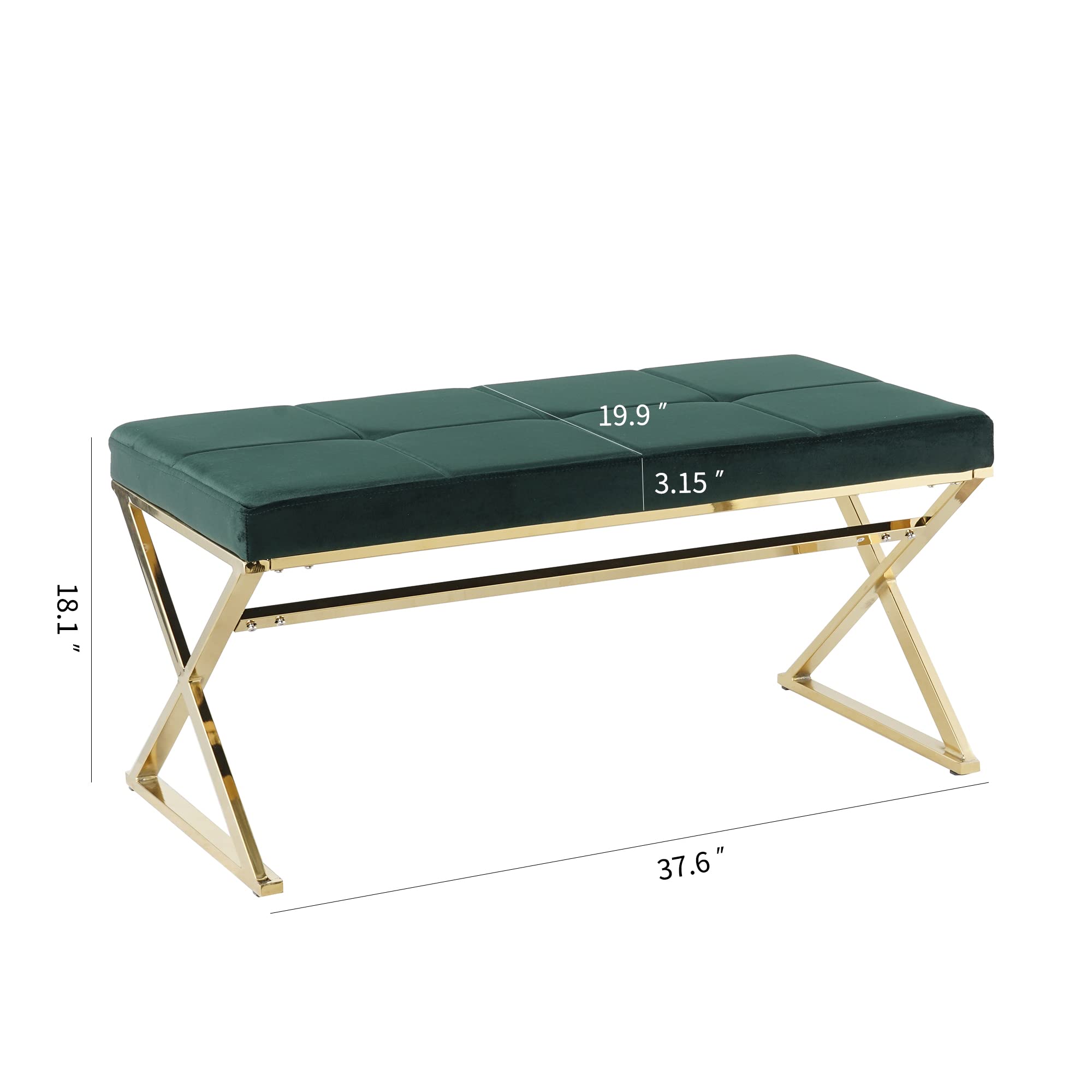 Modern Dining Room Living Room Green Bench with Stainless Steel and Velvet ottaman(Set of 1)