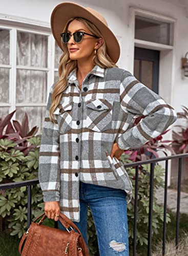GRAPENT Women's Casual Oversized Boyfriend Plaid Button Down Long Sleeve Shirt Quilted Lined Flannel Shacket Jacket Coat Outerwear Grey Plaid Size Large Size 12 Size 14