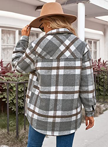 GRAPENT Women's Casual Oversized Boyfriend Plaid Button Down Long Sleeve Shirt Quilted Lined Flannel Shacket Jacket Coat Outerwear Grey Plaid Size Large Size 12 Size 14