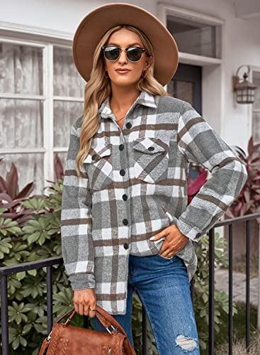 GRAPENT Women's Casual Oversized Boyfriend Plaid Button Down Long Sleeve Shirt Quilted Lined Flannel Shacket Jacket Coat Outerwear Grey Plaid Size Large Size 12 Size 14