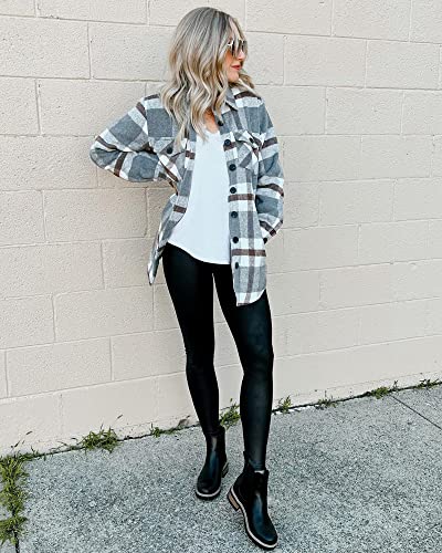 GRAPENT Women's Casual Oversized Boyfriend Plaid Button Down Long Sleeve Shirt Quilted Lined Flannel Shacket Jacket Coat Outerwear Grey Plaid Size Large Size 12 Size 14