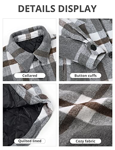 GRAPENT Women's Casual Oversized Boyfriend Plaid Button Down Long Sleeve Shirt Quilted Lined Flannel Shacket Jacket Coat Outerwear Grey Plaid Size Large Size 12 Size 14