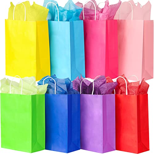 PINWATT 32 Pieces Gift Bags with 32 Tissues, 10.6" Gift Bags Medium Size, 8 Colors Party Favor Bags Rainbow Goodie Bags with Handles for Birthday, Party Supplies, Wedding, Holidays and Gifts