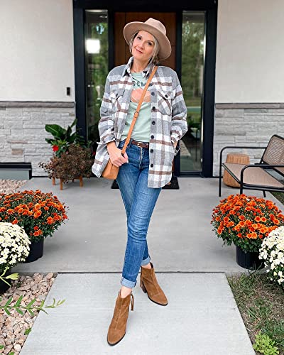 GRAPENT Women's Casual Oversized Boyfriend Plaid Button Down Long Sleeve Shirt Quilted Lined Flannel Shacket Jacket Coat Outerwear Grey Plaid Size Large Size 12 Size 14
