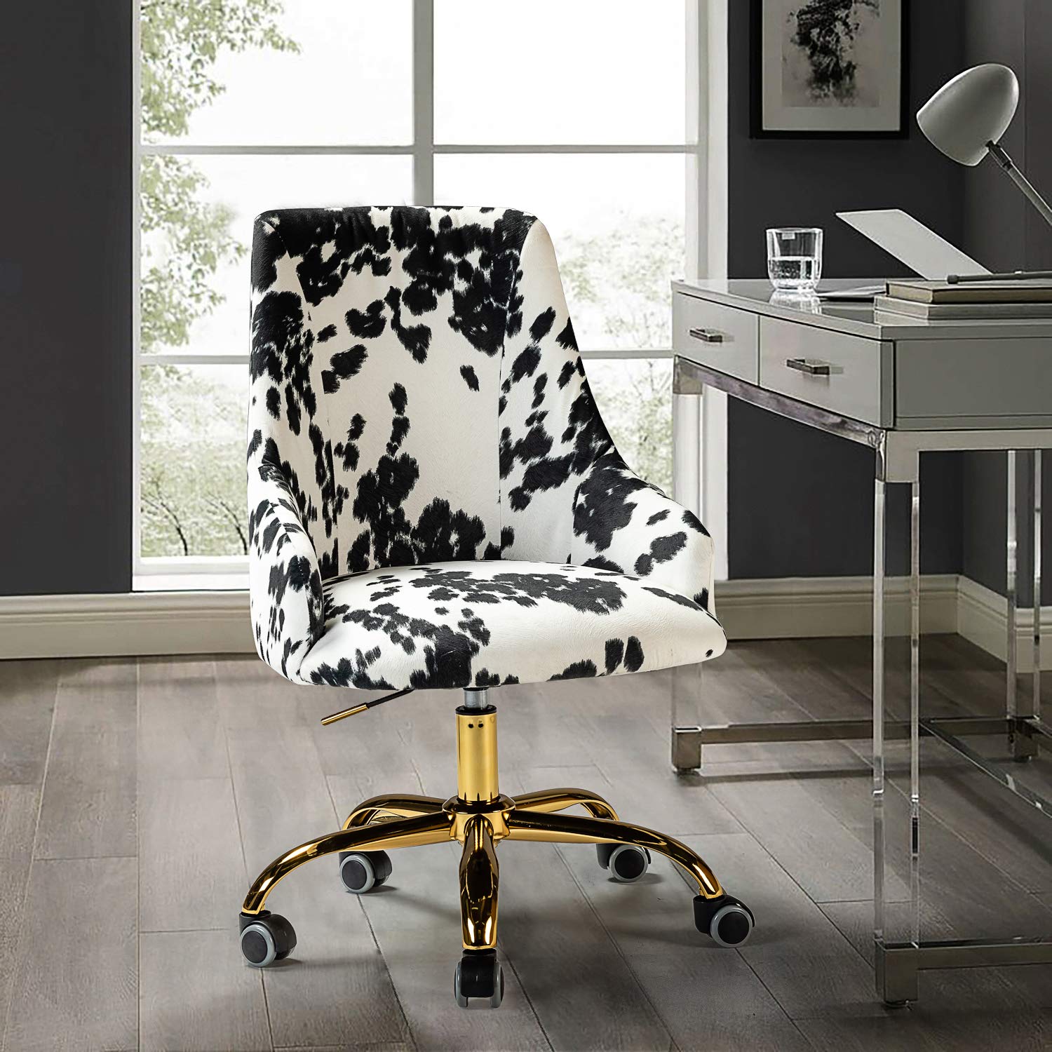 HULALA HOME Upholstered Desk Chair Modern Armless Office Chair with Wheels, Adjustable Swivel Fabric Task Chair for Living Room, Bedroom, Vanity Room(Gold Base, Black)