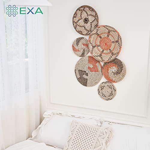 EXA Set of 6 Seagrass Wall Basket Cosmos Decor - Boho Farmhouse Rustic Room Style - for Thanksgiving Christmas Hanging Wall Art, Gift Idea, Table Settings - Handmade, Round, Natural Wicker