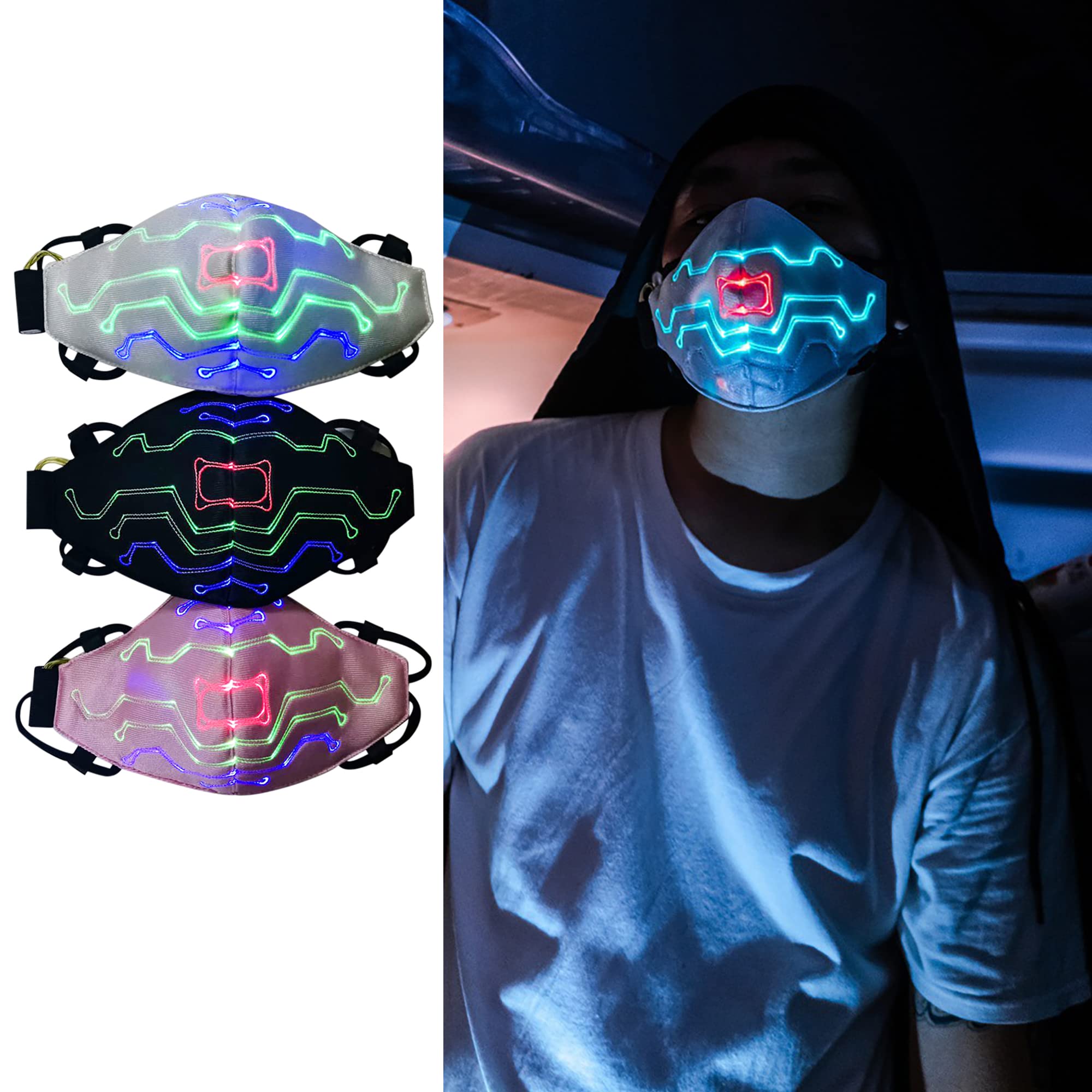 nezababy LED Cool Face Mask Anime Light Up Mask, Voice Activated USB Rechargeable Smart Mask for Halloween Party Christmas Carnival (White), 15 * 23cm
