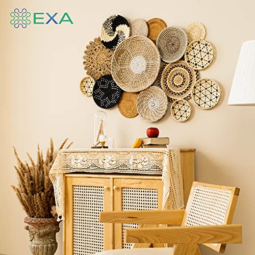 EXA Set of 15 Hanging Woven Wall Basket Decor Summer Bloom Round Decorative Large Wall Decor - Handmade Seagrass Baskets - Rattan Wall Art, Flat Wicker Woven Basket Wall Decors for Boho Farmhouse