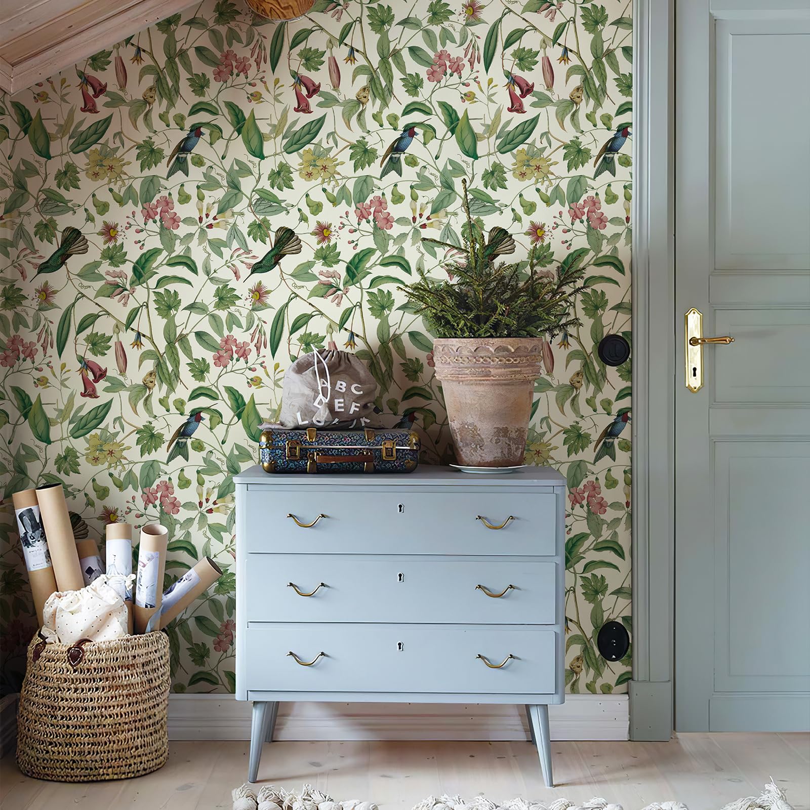 JiffDiff Peel and Stick Wallpaper Floral, Hummingbird Green Wallpaper Self Adhesive Wallpaper for Home Bedroom Cabinets and Kitchen Countertop 17.71"x118" Thicken