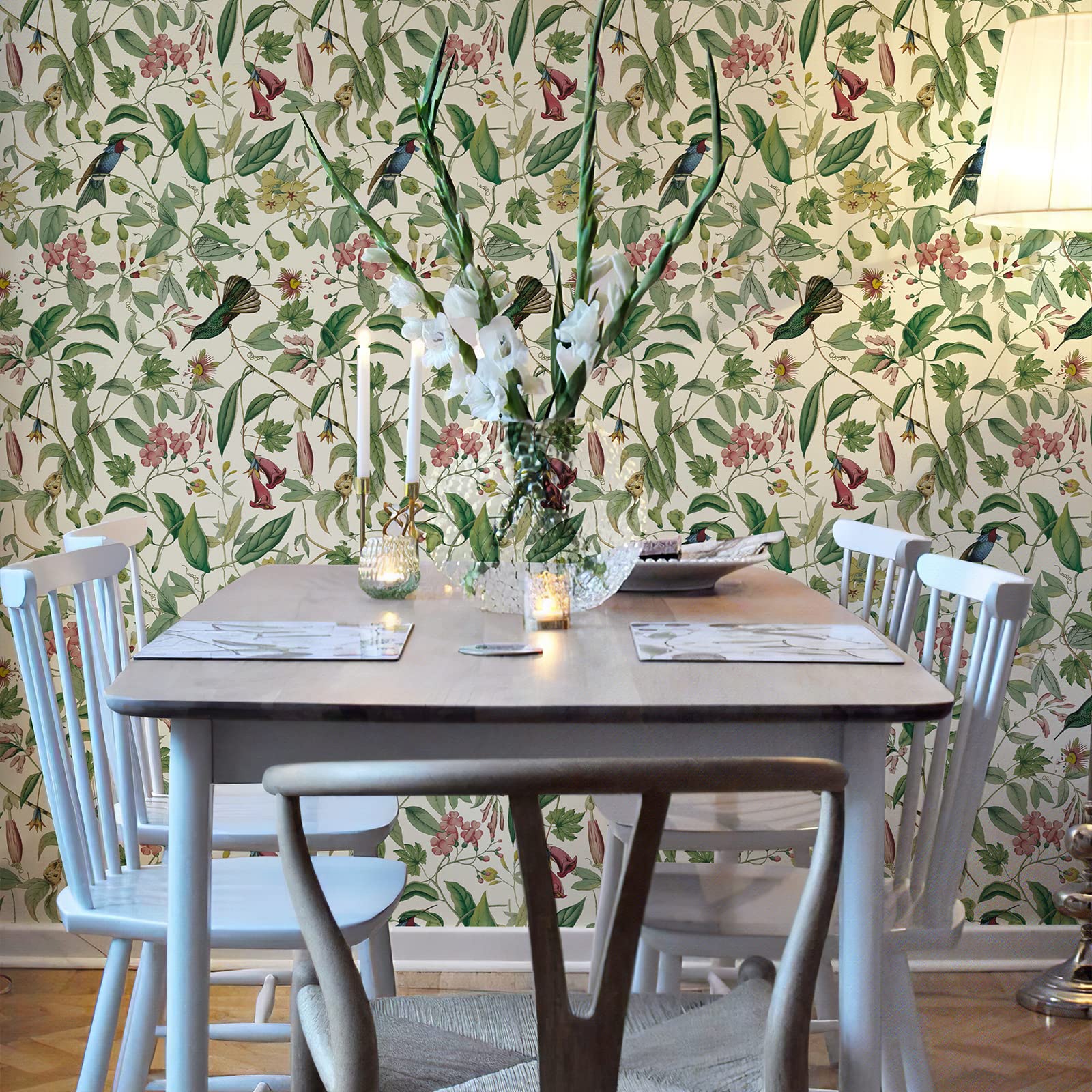 JiffDiff Peel and Stick Wallpaper Floral, Hummingbird Green Wallpaper Self Adhesive Wallpaper for Home Bedroom Cabinets and Kitchen Countertop 17.71"x118" Thicken