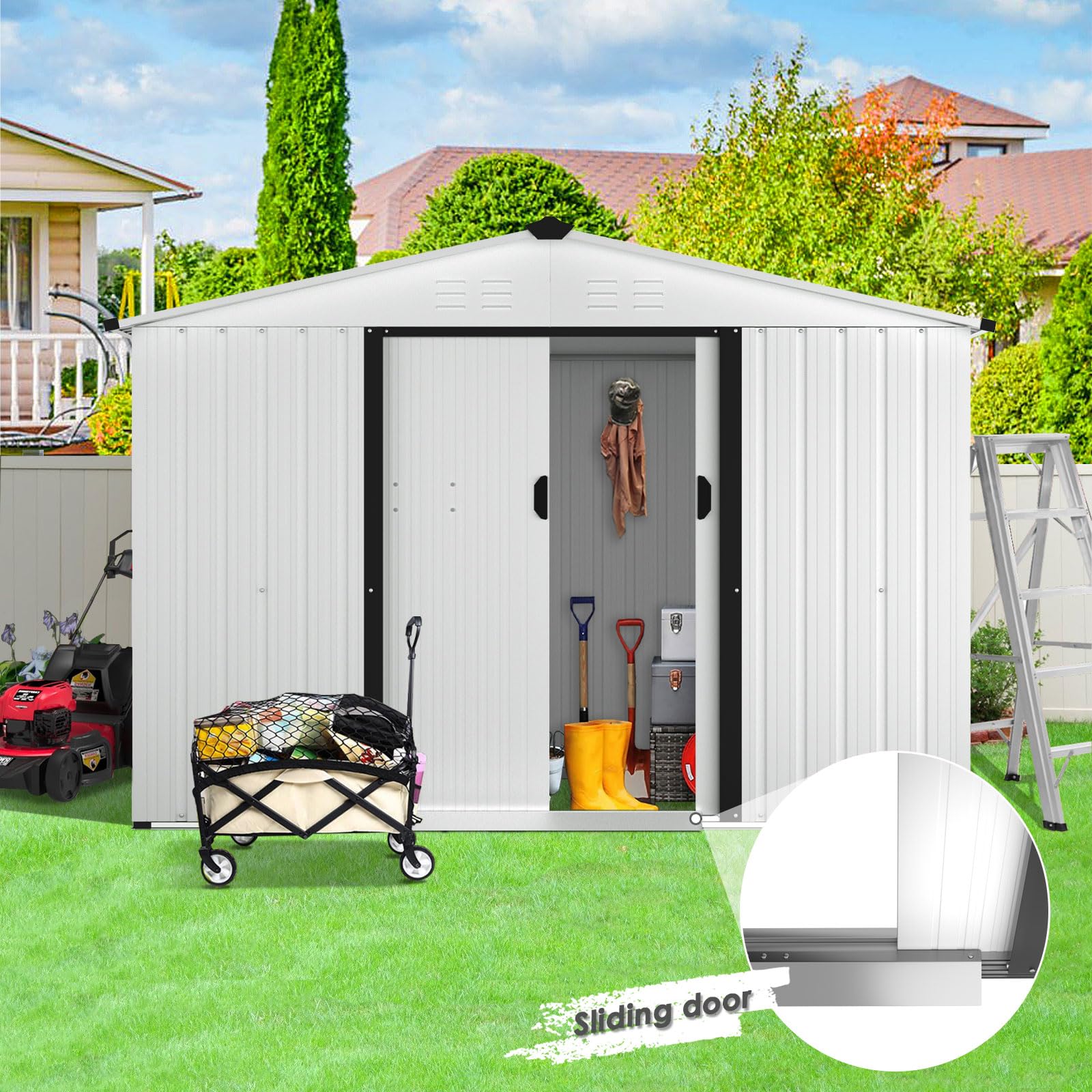 SUNCROWN Outdoor Garden Storage Shed 6X8 FT Yard Storage Tool with Sliding Door for Lawn Equipment Garden Backyard, White