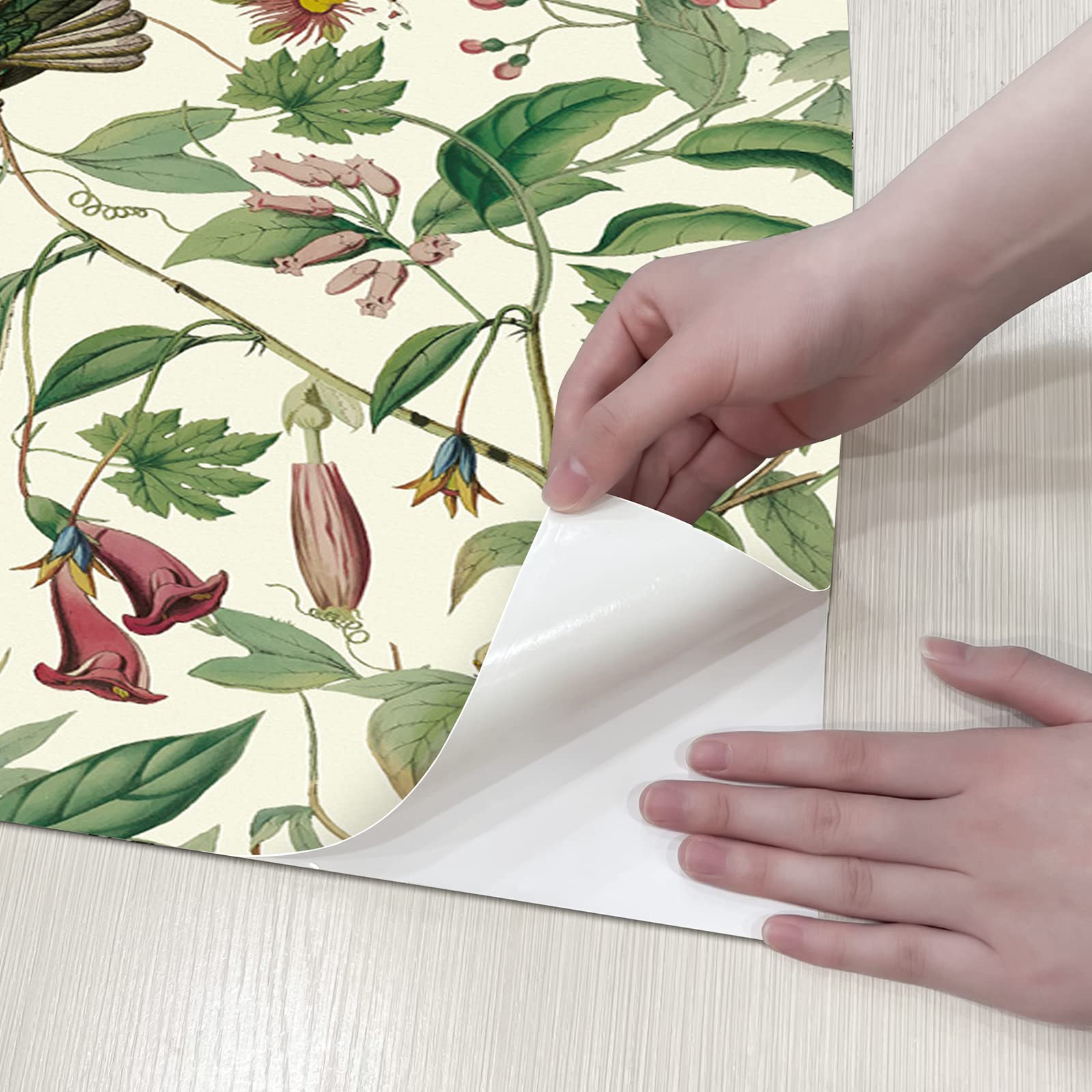 JiffDiff Peel and Stick Wallpaper Floral, Hummingbird Green Wallpaper Self Adhesive Wallpaper for Home Bedroom Cabinets and Kitchen Countertop 17.71"x118" Thicken