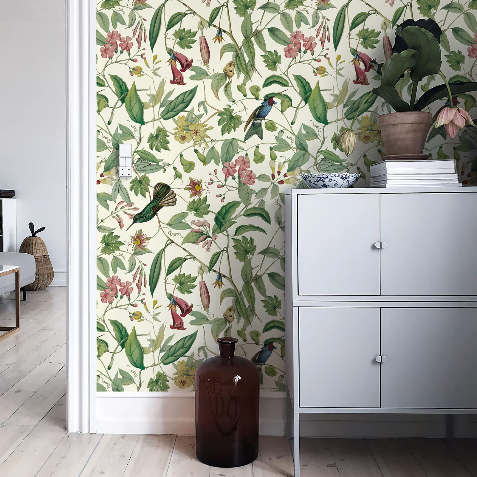 JiffDiff Peel and Stick Wallpaper Floral, Hummingbird Green Wallpaper Self Adhesive Wallpaper for Home Bedroom Cabinets and Kitchen Countertop 17.71"x118" Thicken