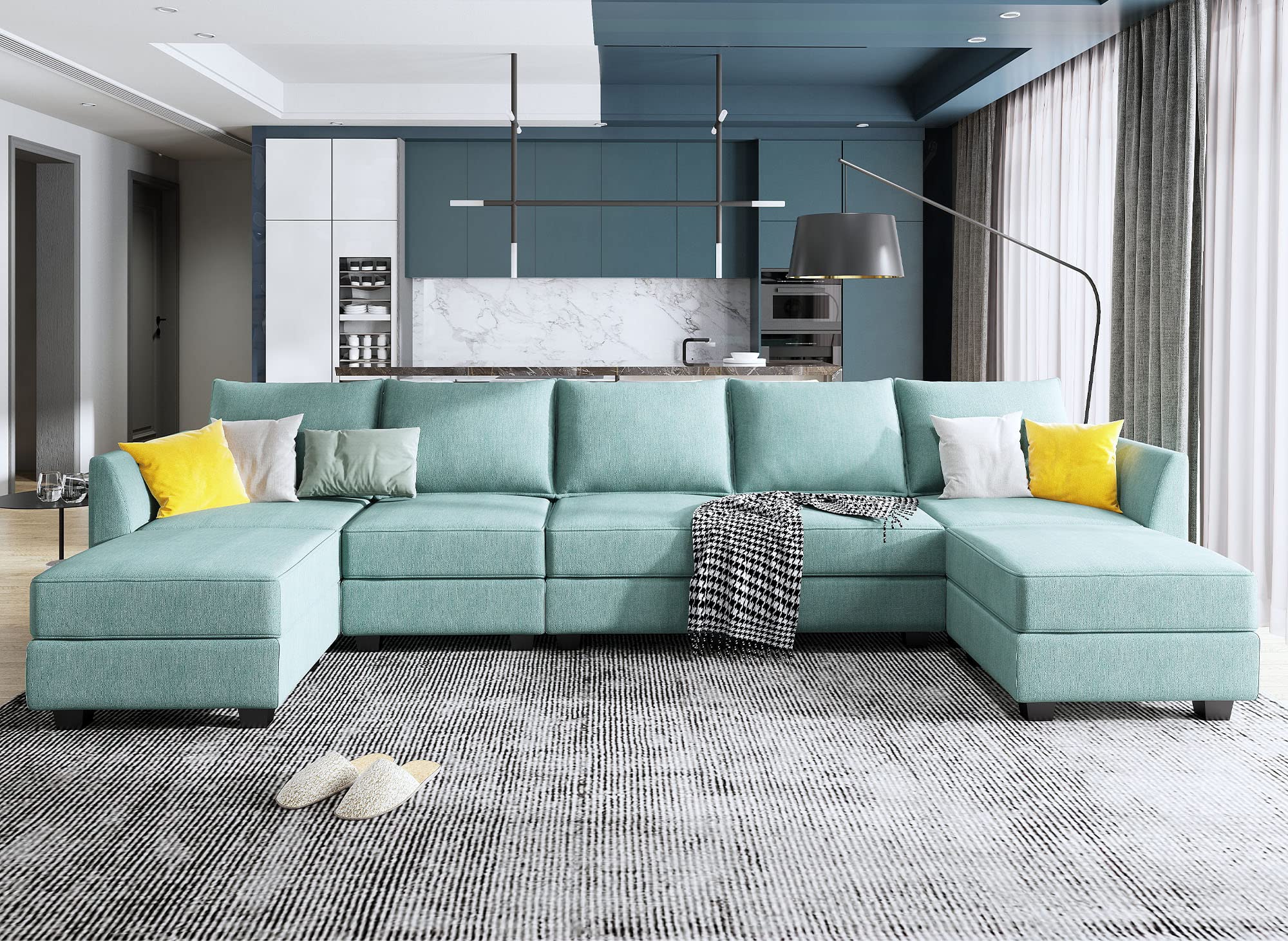 HONBAY Orage U Shape Corner Sectional Sofa Set, Aqua Blue
