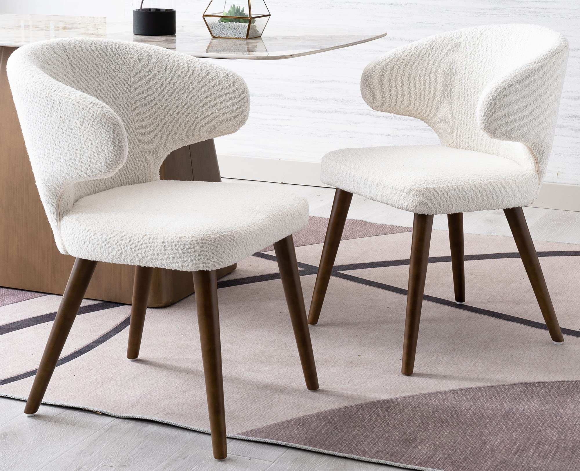 VESCASA Sherpa Modern Dining Chairs with Wood Legs, Upholstered Curved Back Side Chairs for Dining Room/Living Room, Set of 2, White