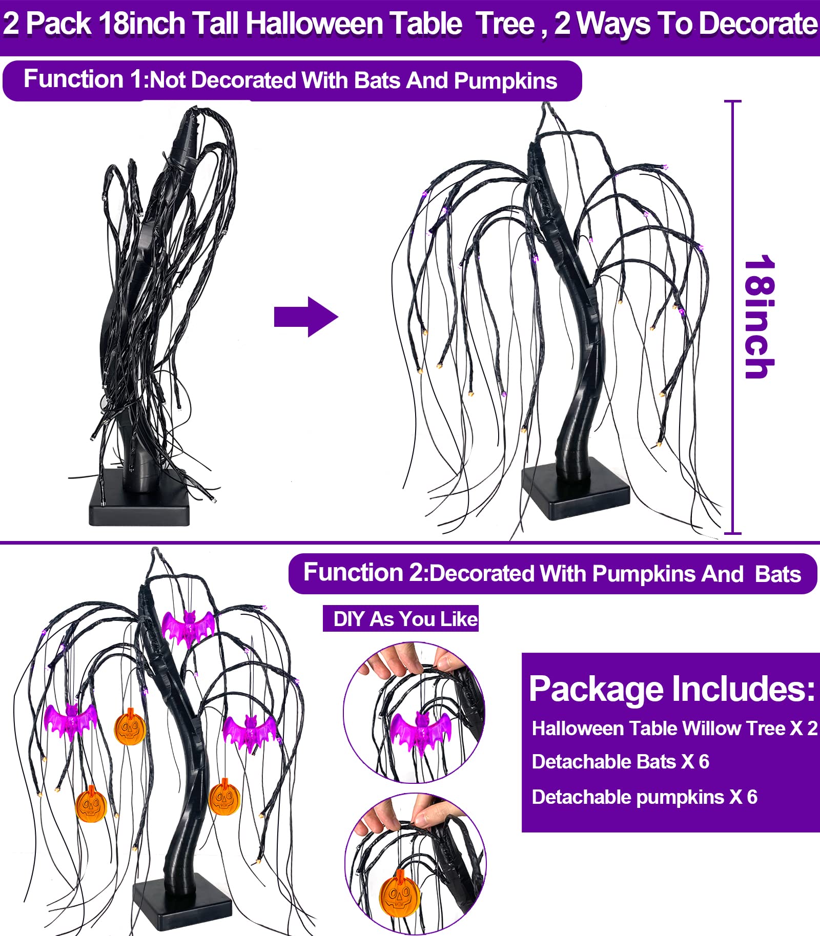 [ Orange & Purple ] 2 Pack Halloween Spooky Tree Decor with Timer 48 LED Lighted DIY 6 Pumpkins & 6 Bats 18 Inch Battery Operated Tabletop Artificial Black Tree Halloween Decor for Indoor Home Holiday