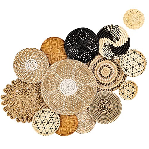EXA Set of 15 Hanging Woven Wall Basket Decor Summer Bloom Round Decorative Large Wall Decor - Handmade Seagrass Baskets - Rattan Wall Art, Flat Wicker Woven Basket Wall Decors for Boho Farmhouse