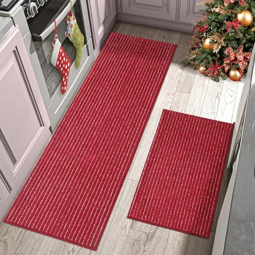 BEQHAUSE Red Kitchen Rugs Set of 2 Non-Slip Kitchen Runner Rug Washable Kitchen Mats for Floor Absorbent Soft Kitchen Area Rug for Sink,Laundry,Hallway&Kitchen 24”x35”+24”x60”