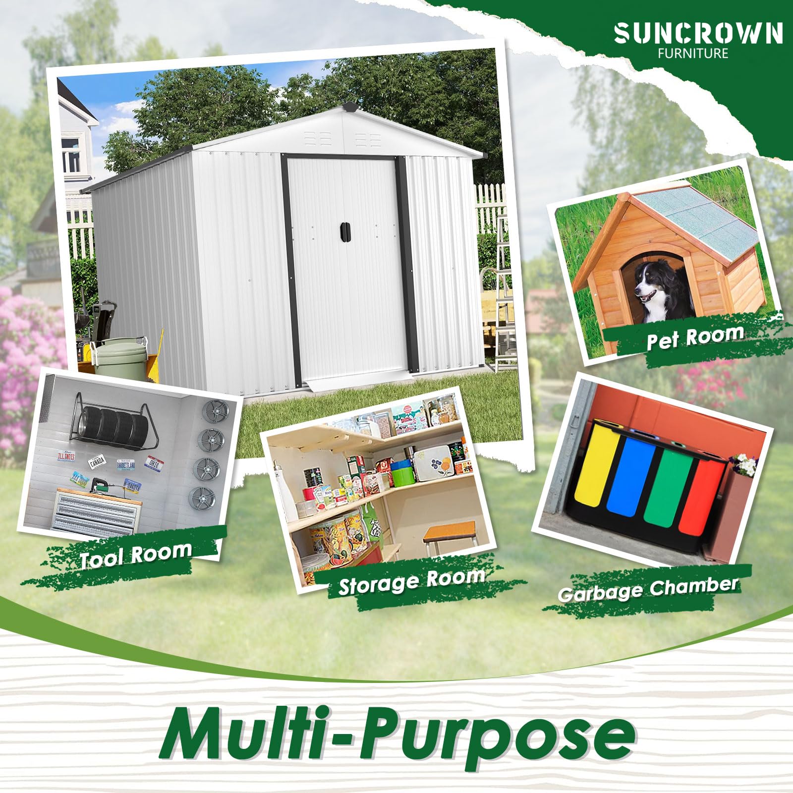 SUNCROWN Outdoor Garden Storage Shed 6X8 FT Yard Storage Tool with Sliding Door for Lawn Equipment Garden Backyard, White