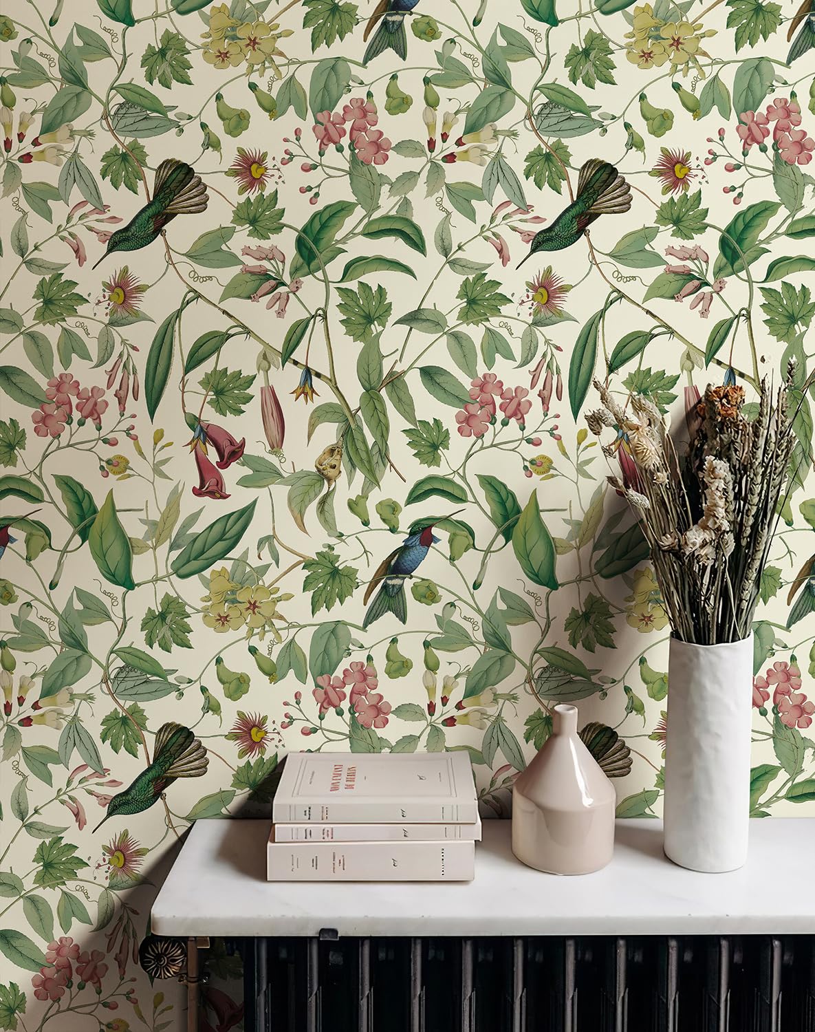 JiffDiff Peel and Stick Wallpaper Floral, Hummingbird Green Wallpaper Self Adhesive Wallpaper for Home Bedroom Cabinets and Kitchen Countertop 17.71"x118" Thicken