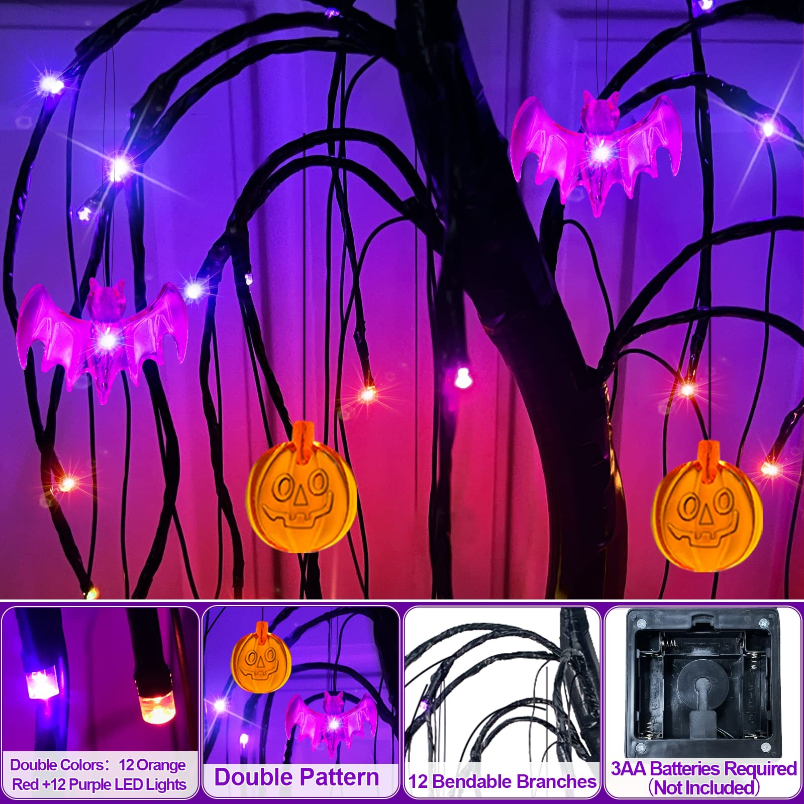[ Orange & Purple ] 2 Pack Halloween Spooky Tree Decor with Timer 48 LED Lighted DIY 6 Pumpkins & 6 Bats 18 Inch Battery Operated Tabletop Artificial Black Tree Halloween Decor for Indoor Home Holiday