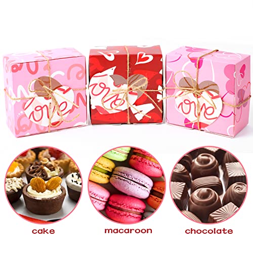 VEYLIN 24PCS Valentine Boxes for Treats, 4”x4”x2.4” Valentines Day Cookie Boxes Cupcake Bakery Boxes with Windows Heart Boxes for Strawberries 6 Designs