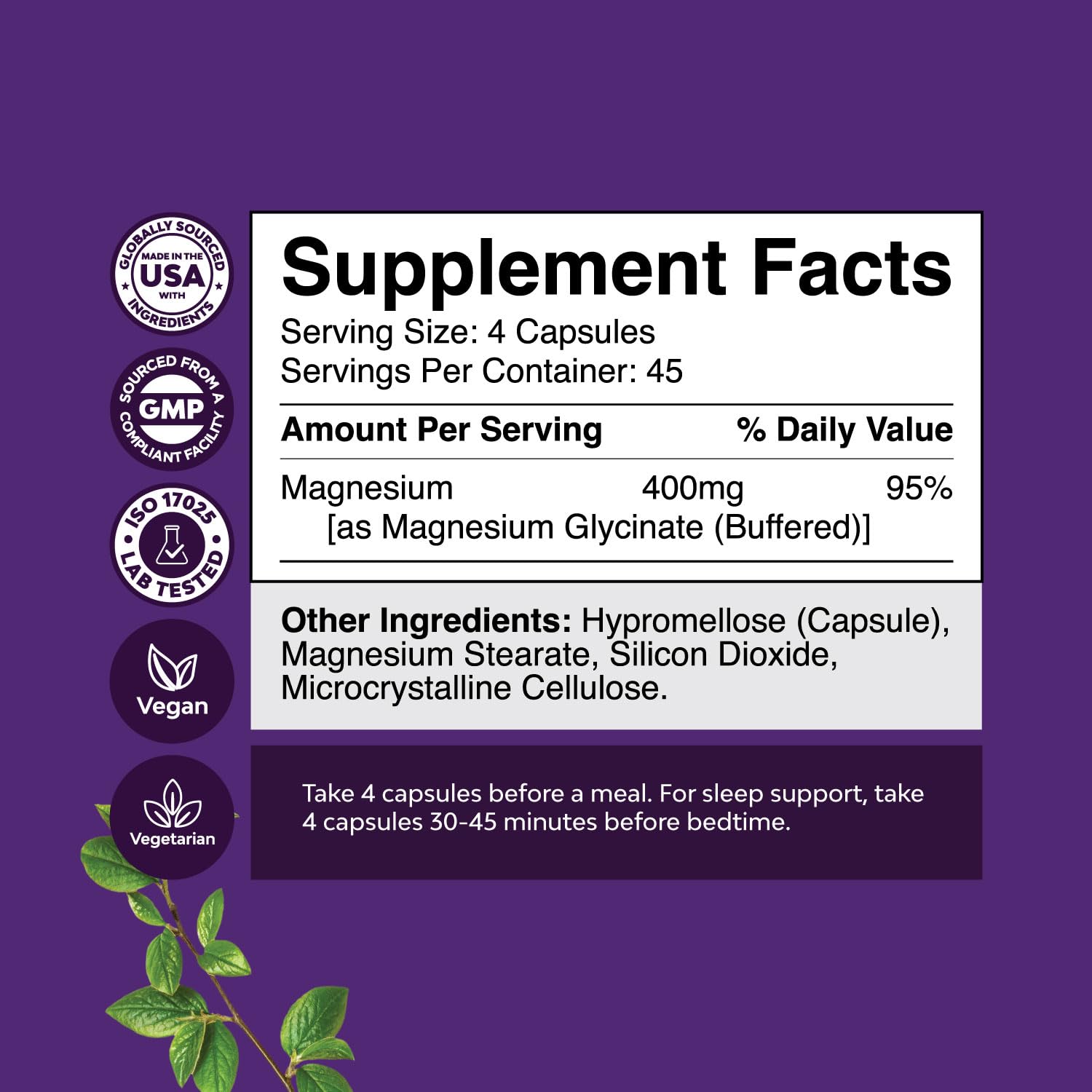 Pure Magnesium Glycinate 400mg Per Serving - Vegan High Absorption Chelated Magnesium Capsules for Women & Men with Elemental 400mg for Mood Sleep and Relaxation Support - 45 Servings