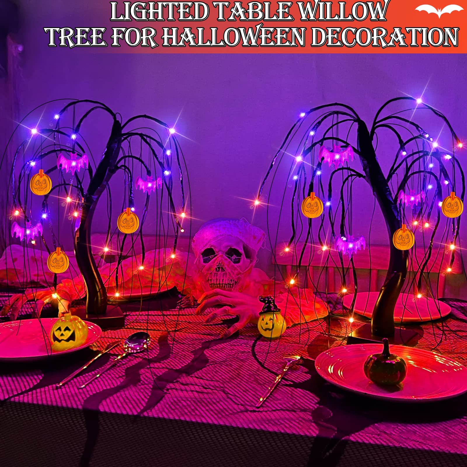 [ Orange & Purple ] 2 Pack Halloween Spooky Tree Decor with Timer 48 LED Lighted DIY 6 Pumpkins & 6 Bats 18 Inch Battery Operated Tabletop Artificial Black Tree Halloween Decor for Indoor Home Holiday