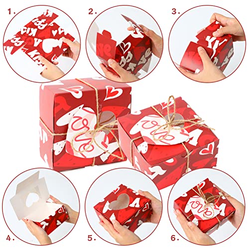 VEYLIN 24PCS Valentine Boxes for Treats, 4”x4”x2.4” Valentines Day Cookie Boxes Cupcake Bakery Boxes with Windows Heart Boxes for Strawberries 6 Designs