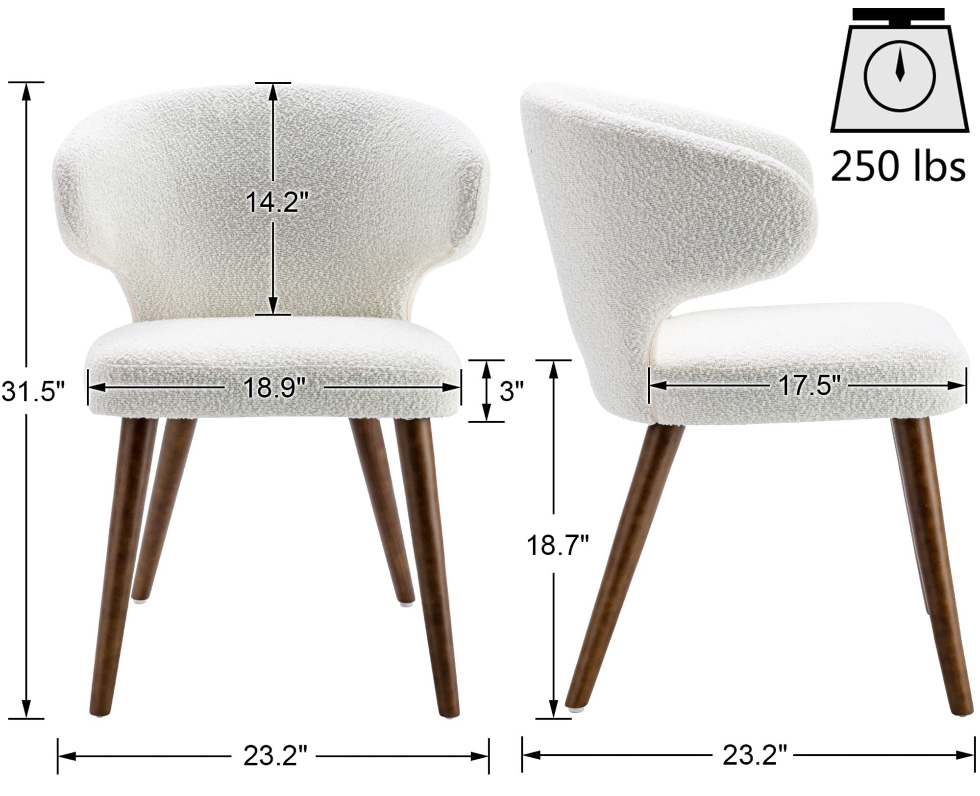 VESCASA Sherpa Modern Dining Chairs with Wood Legs, Upholstered Curved Back Side Chairs for Dining Room/Living Room, Set of 2, White