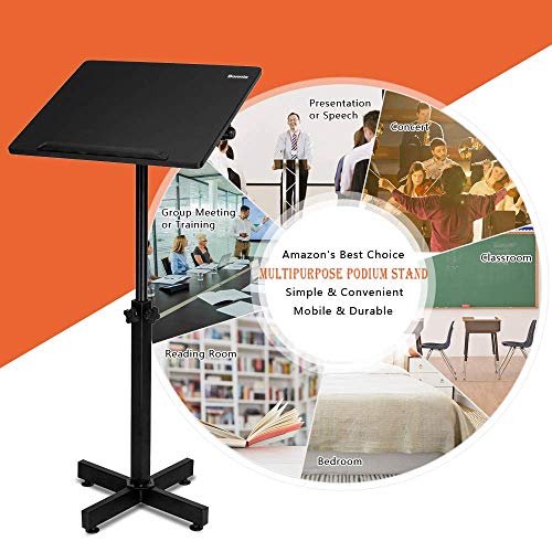 Bonnlo Classic Lectern Podium Stand, Height Adjustable Church Classroom Lecture, Portable Presentation Concert Podium, Multi-Function Reading or Laptop Desk with Edge Stopper, Black