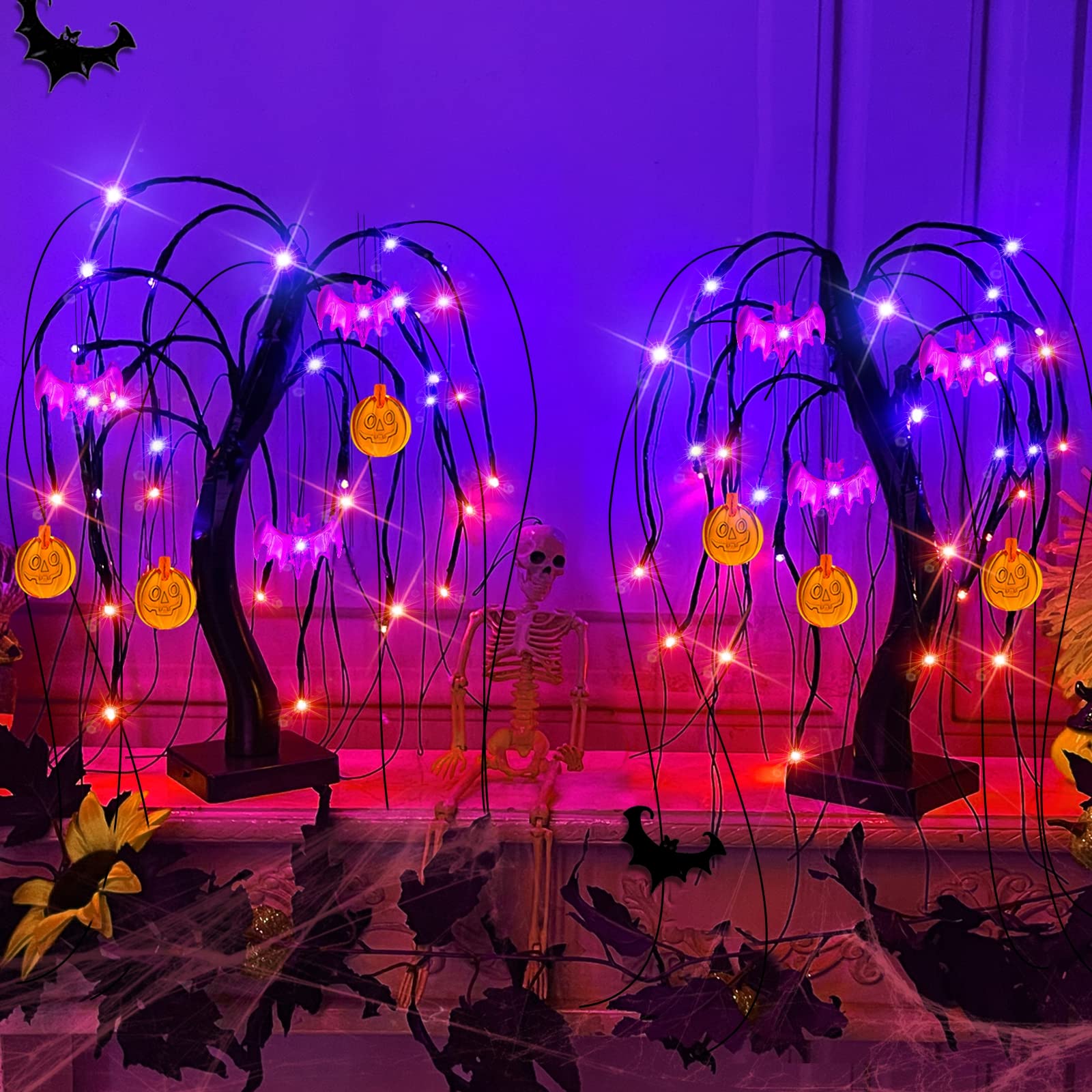 [ Orange & Purple ] 2 Pack Halloween Spooky Tree Decor with Timer 48 LED Lighted DIY 6 Pumpkins & 6 Bats 18 Inch Battery Operated Tabletop Artificial Black Tree Halloween Decor for Indoor Home Holiday