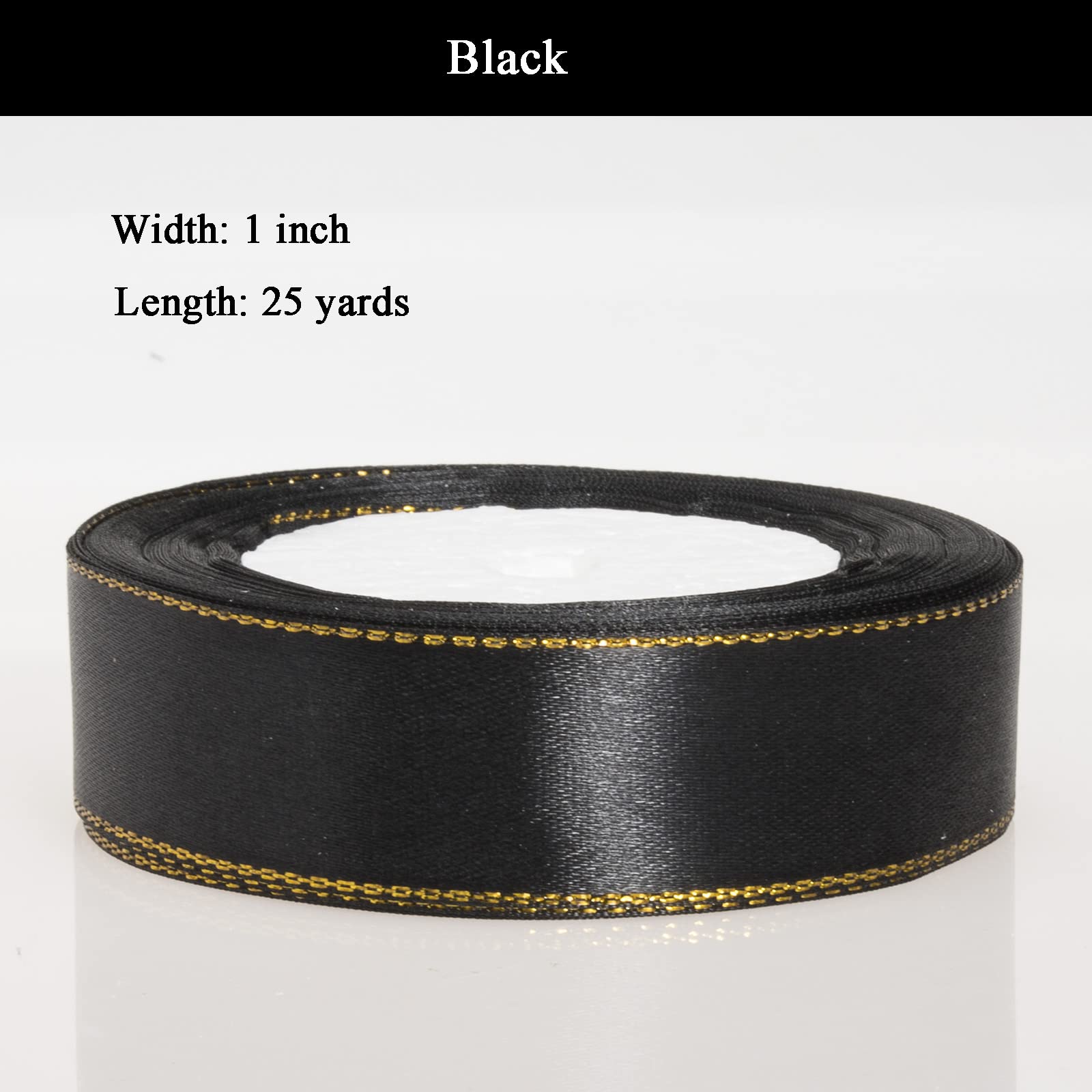 YASEO 25 Yards 1 Inch Black Satin Ribbon with Gold Edges, Gold Border Fabric Ribbons for Gift Wrapping and Crafts