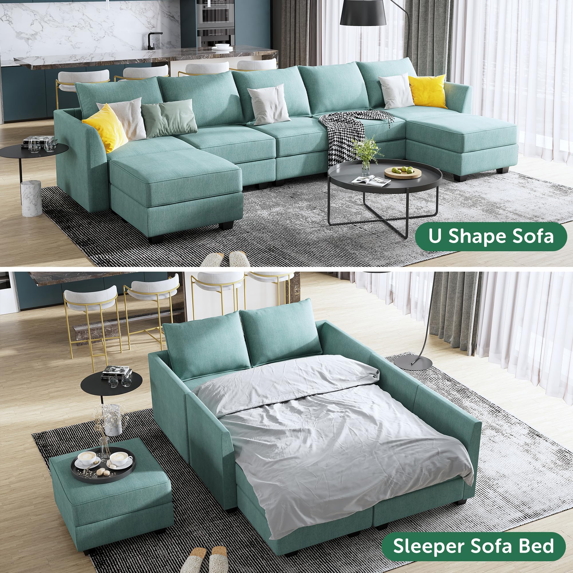 HONBAY Orage U Shape Corner Sectional Sofa Set, Aqua Blue