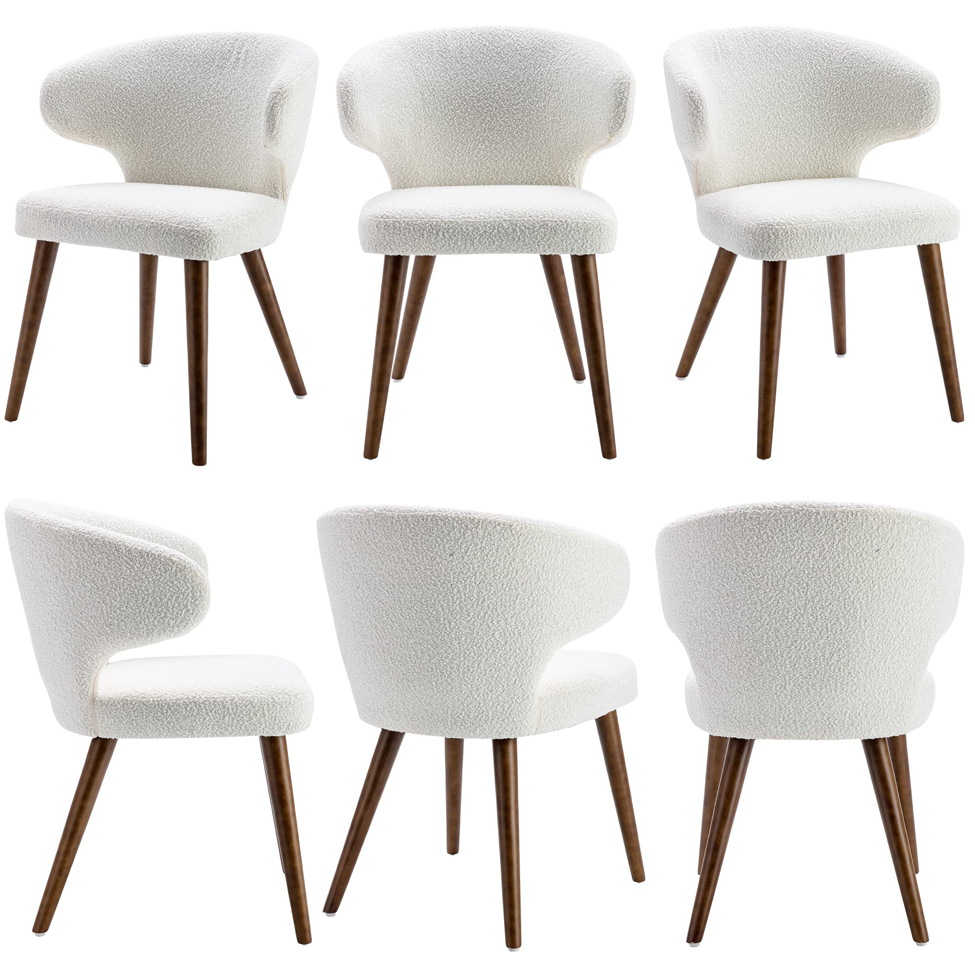 VESCASA Sherpa Modern Dining Chairs with Wood Legs, Upholstered Curved Back Side Chairs for Dining Room/Living Room, Set of 2, White