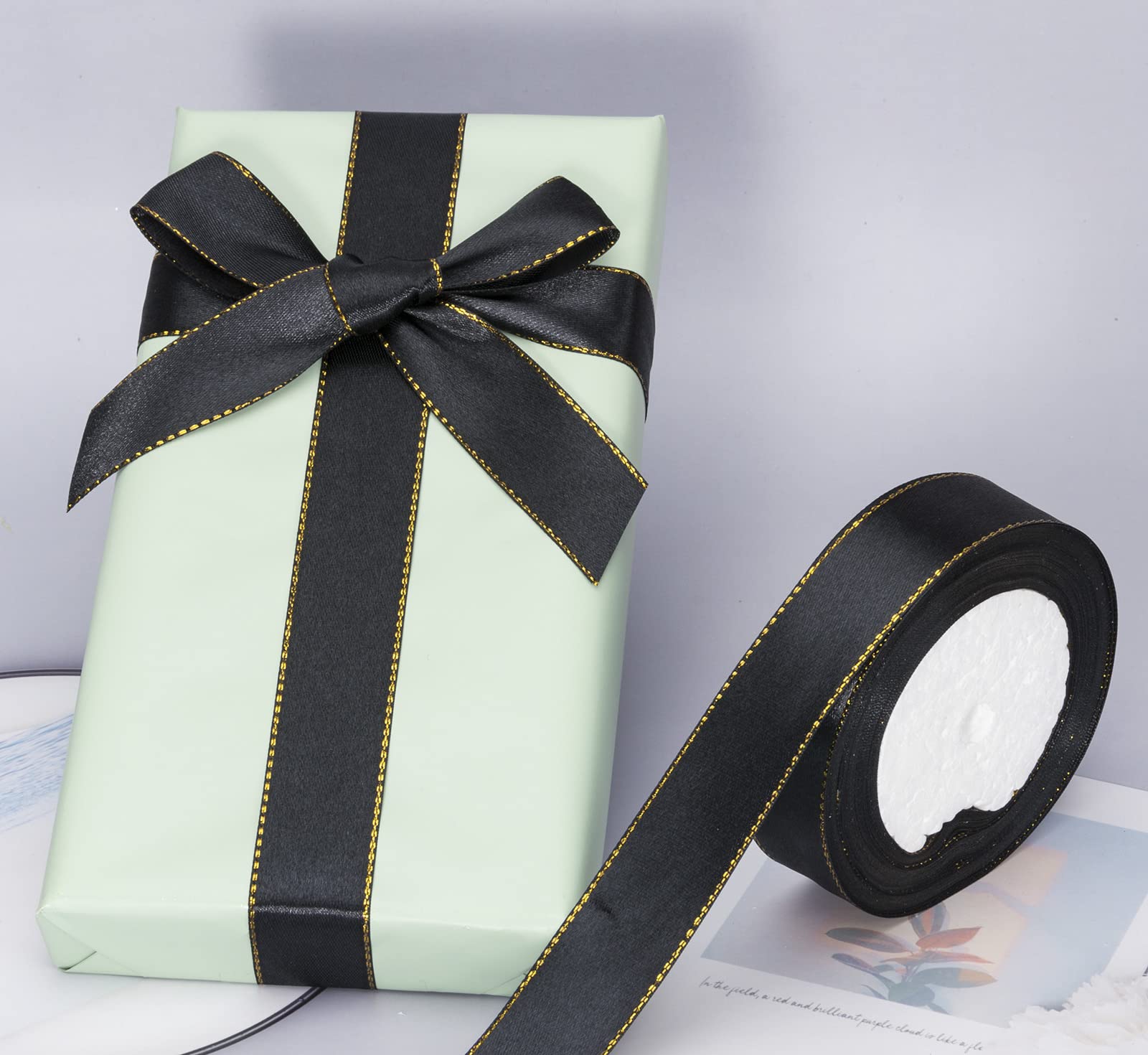 YASEO 25 Yards 1 Inch Black Satin Ribbon with Gold Edges, Gold Border Fabric Ribbons for Gift Wrapping and Crafts
