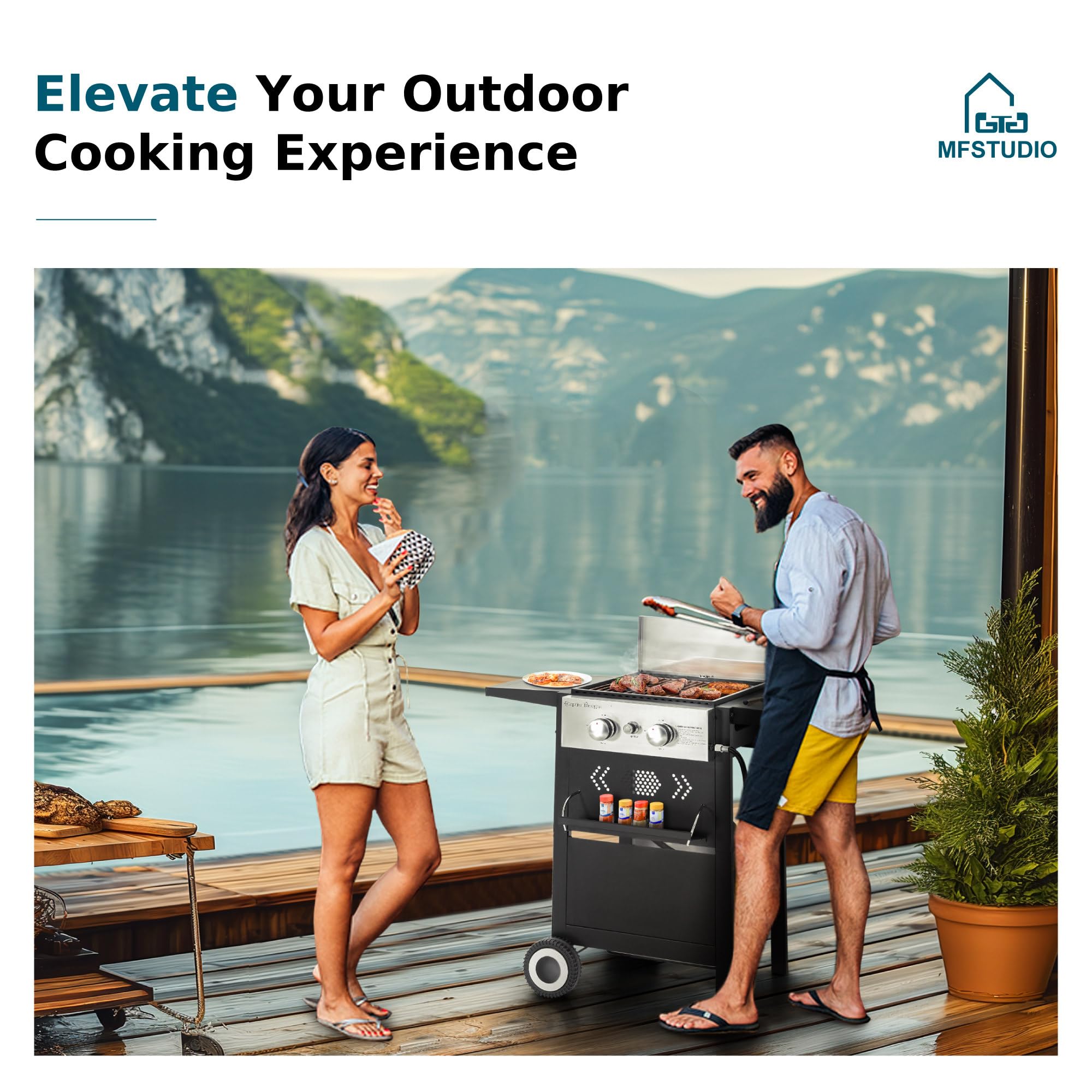 MFSTUDIO 2-Burner Propane Gas BBQ Grill with Cast Iron Griddle Pan, 20,000 BTU Output Small Barbecue Grill for Outdoor, Patio, Backyard and Balcony