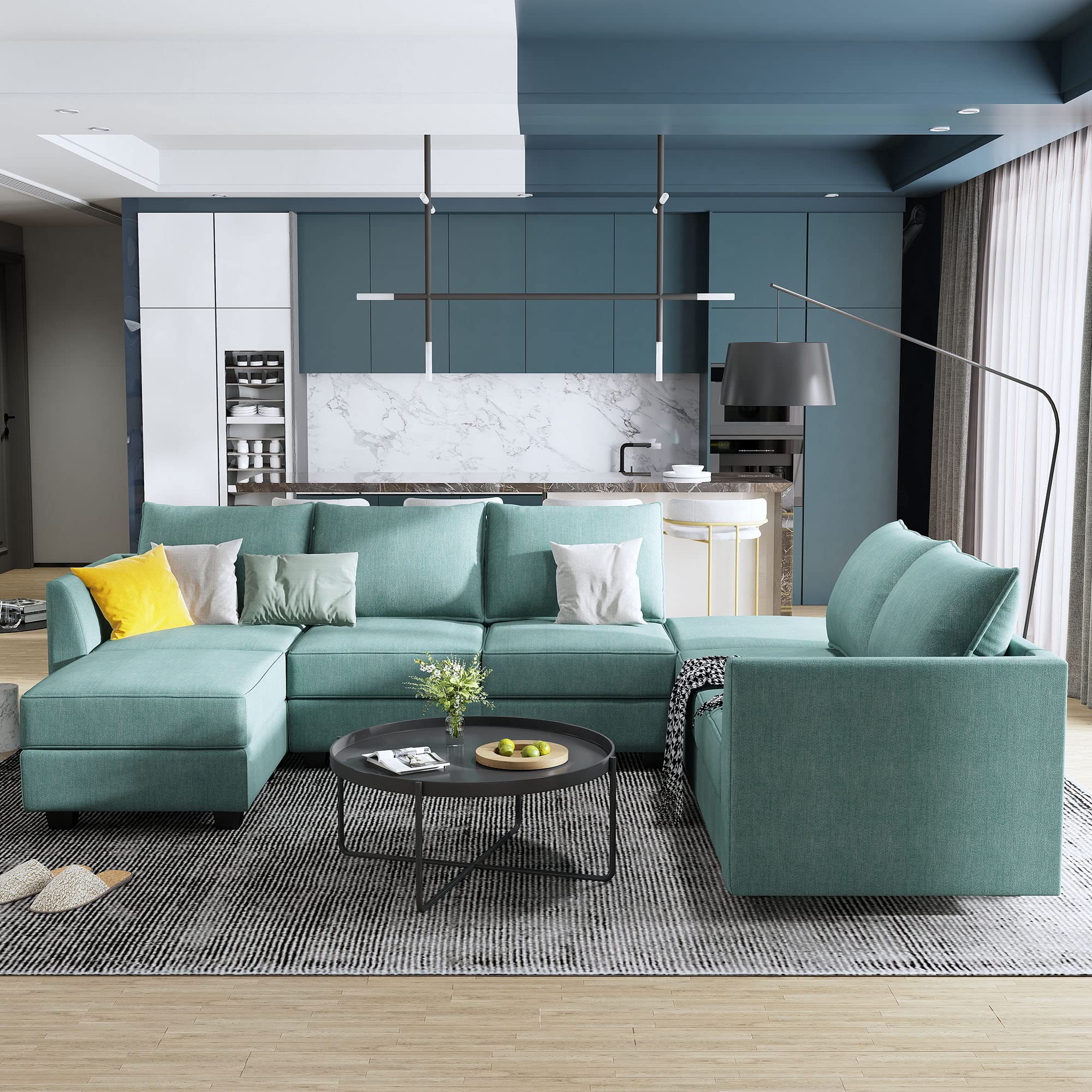 HONBAY Orage U Shape Corner Sectional Sofa Set, Aqua Blue