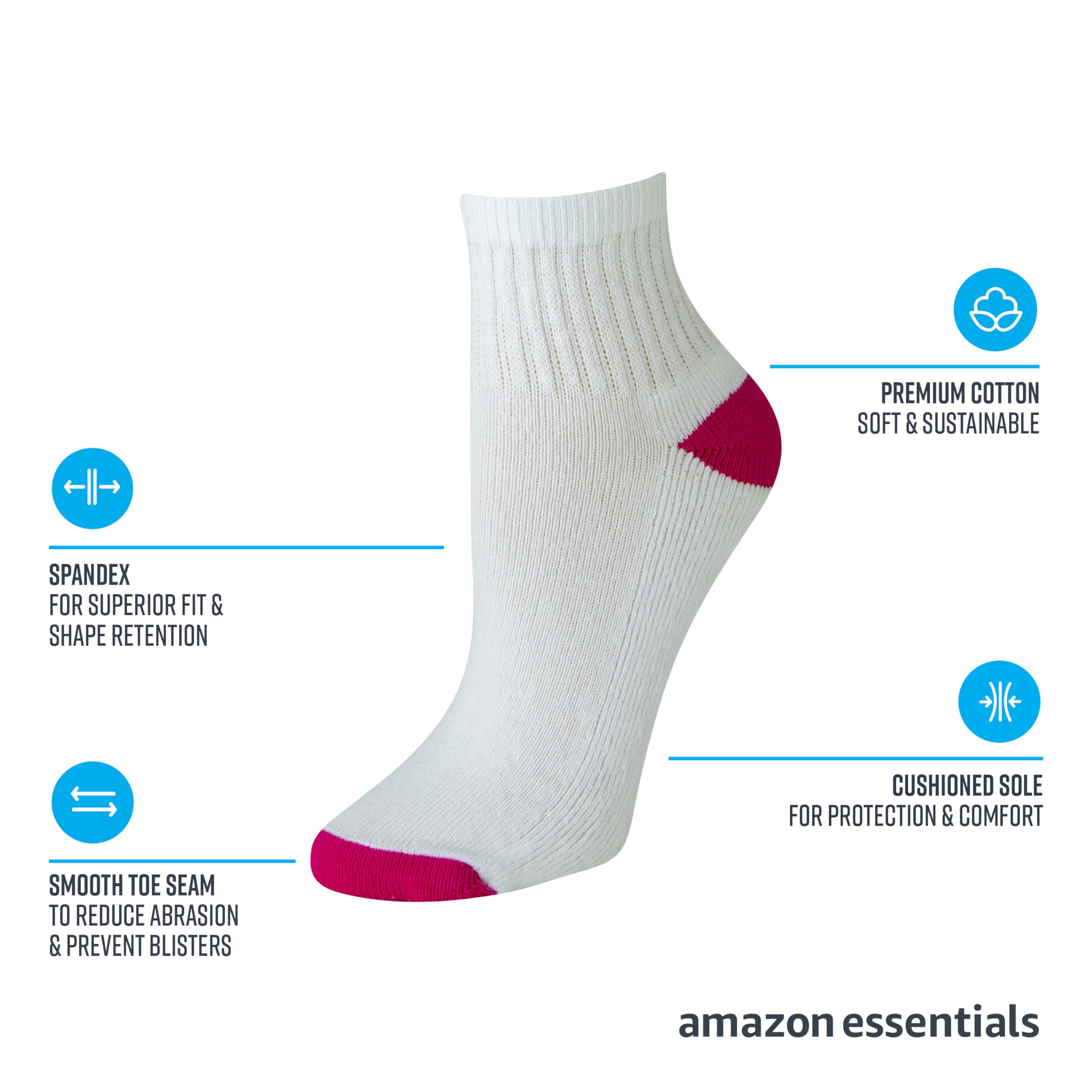 Amazon Essentials Women's Performance Comfortable Cotton Cushioned Breathable Athletic Ankle Sports Socks, 6 Pairs, White, 8-12