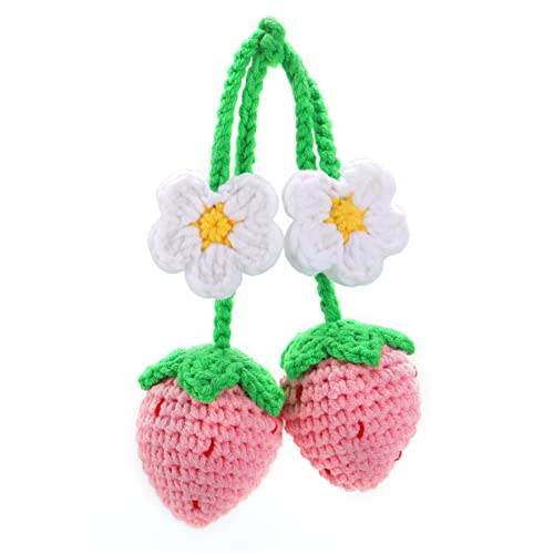 2 PCs Cute Crochet Strawberry Hanging Ornament for Car Rearview Mirrior Decor, Hanging Charms Accessories, Pendant Fruit for Gift-Handmade Knitted (Pink)