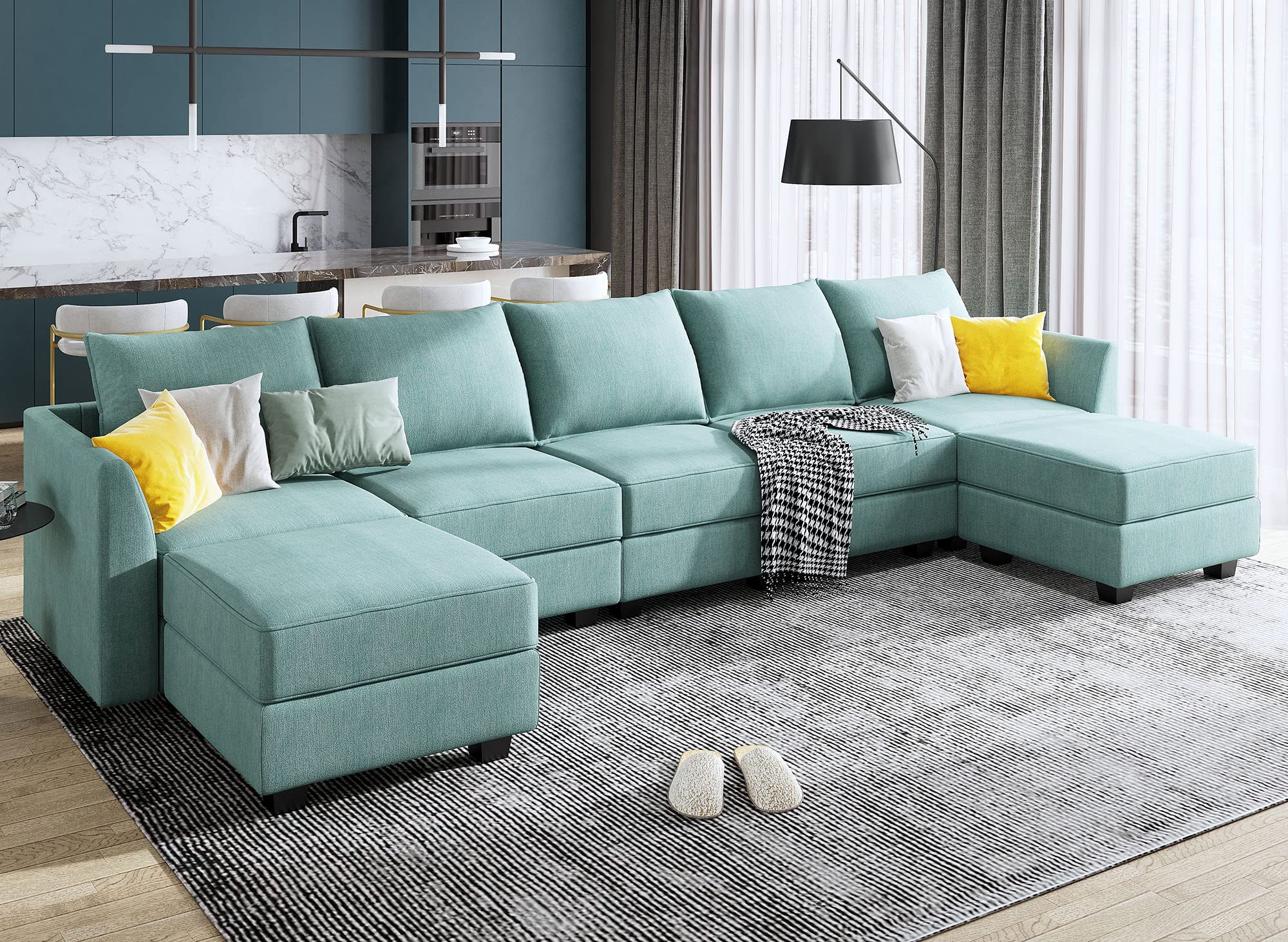 HONBAY Orage U Shape Corner Sectional Sofa Set, Aqua Blue
