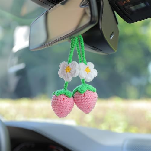 2 PCs Cute Crochet Strawberry Hanging Ornament for Car Rearview Mirrior Decor, Hanging Charms Accessories, Pendant Fruit for Gift-Handmade Knitted (Pink)