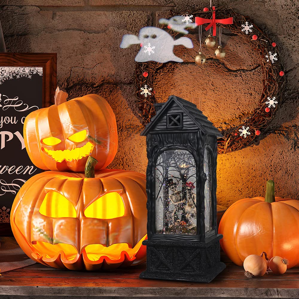 Wondise Halloween Projection Snow Globe with Timer, Battery Operated Spinning Water Glittering Skull Statue Lantern Globe for Halloween Decoration