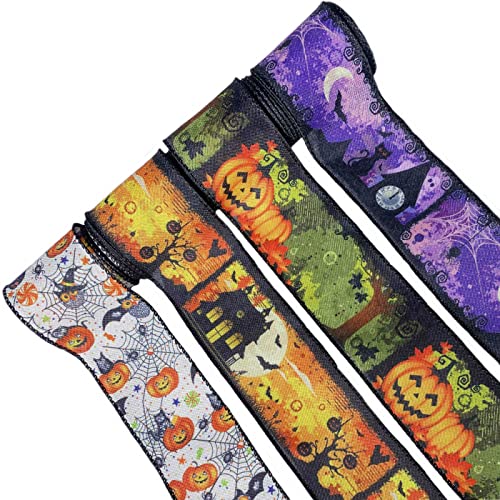 4 Rolls 2.5 Inches Halloween Wired Ribbons for Craft-20 Yards Orange Black Purple Halloween Ribbon,Pumpkin Spiders Castles Cobwebs Bats Witches Printed Ribbon for Wreath Decor Bow Making Home Decor