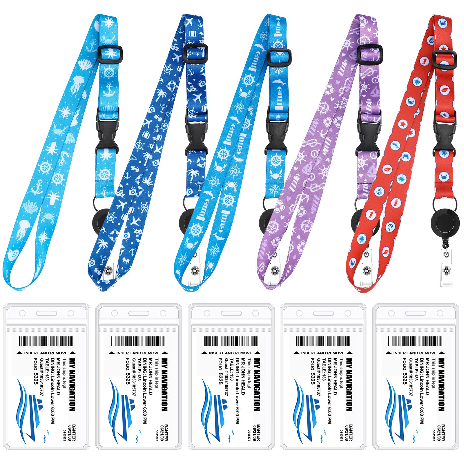 Leinuosen 5 Sets Cruise Lanyard for Ship Cards Ship Essentials Cruise Lanyards Pattern Adjustable Lanyard with Retractable Reel Waterproof ID Badge Holders Accessories(Fresh Style)
