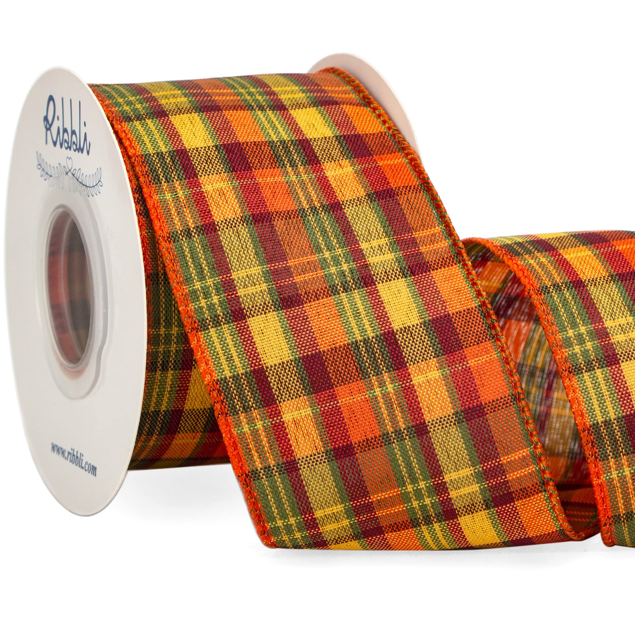 Ribbli Fall Burlap Wired Ribbon, 2-1/2 Inch x 10 Yard,Fall Plaid Ribbon for Big Bow,Fall Wreath,Gift Wrapping, Yellow/Orange/Burgundy/Green