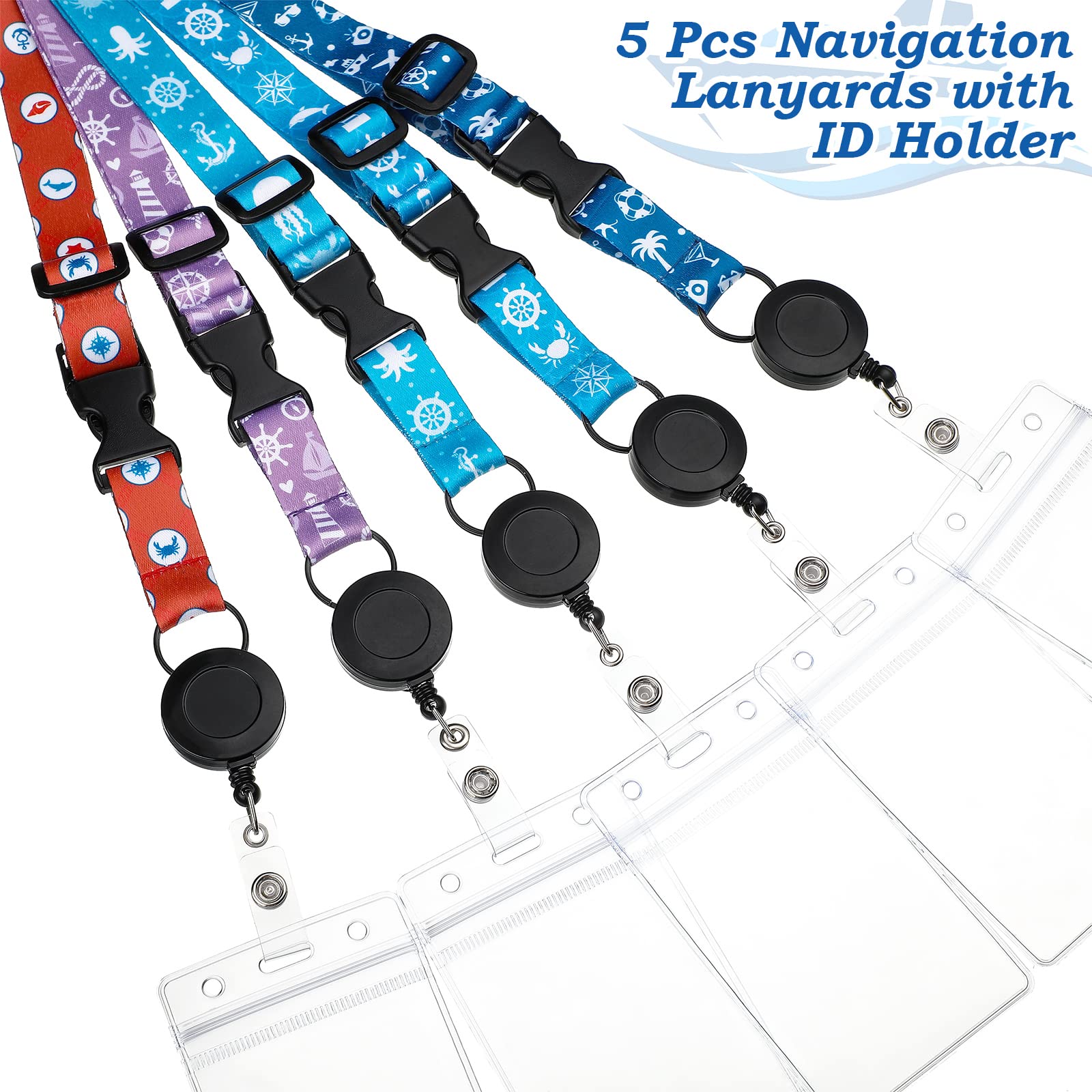 Leinuosen 5 Sets Cruise Lanyard for Ship Cards Ship Essentials Cruise Lanyards Pattern Adjustable Lanyard with Retractable Reel Waterproof ID Badge Holders Accessories(Fresh Style)