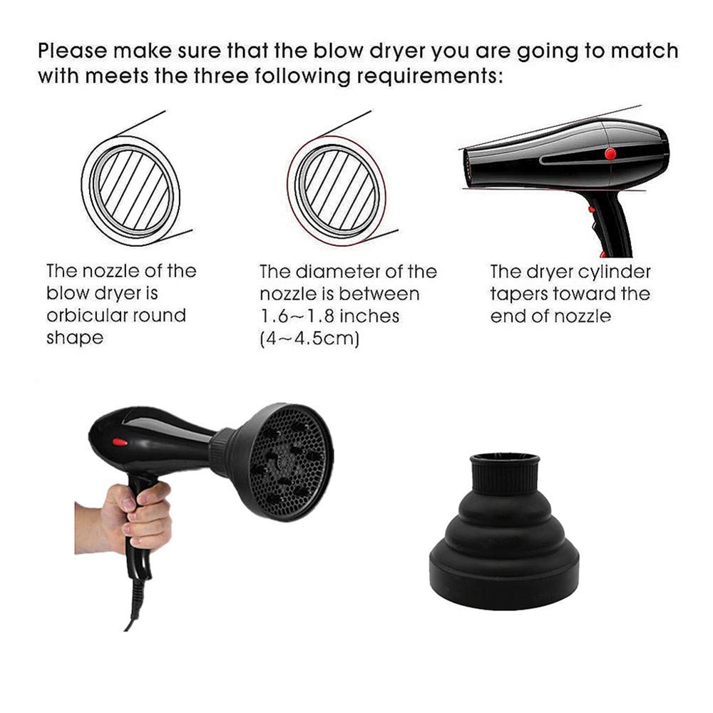 Hair Diffuser Attachment for Hair Dryer Travel Collapsible Portable Diffuser for Curly Hair Women .Airflow Attachment for Salon or Home Use with Nozzle 1.65-1.9In (Black)