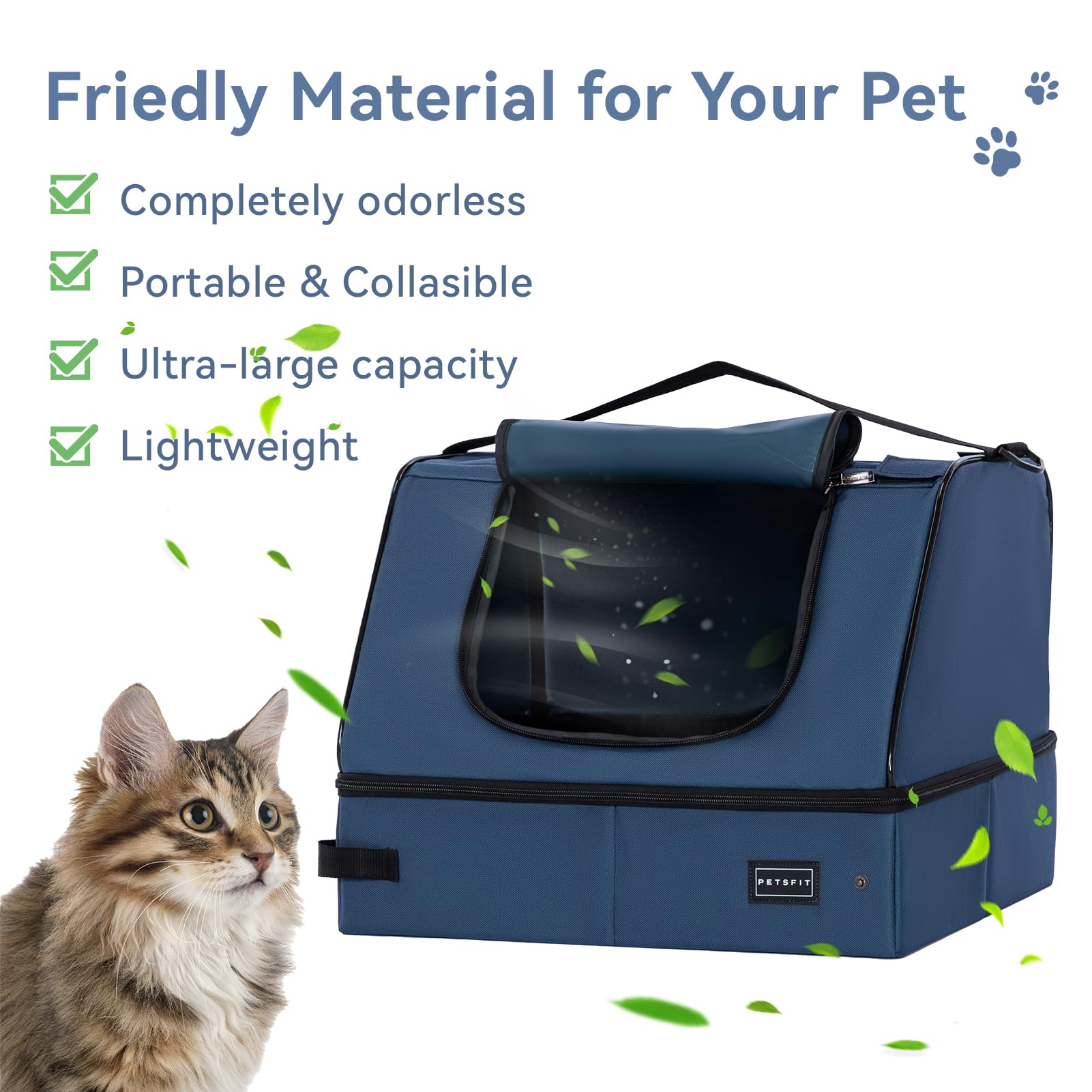 PETSFIT Travel Litter Box for Cats - Removable 2-Layer Leak-Proof Lining, Scratch-Resistant Fabric with Sturdy Support Frame, Cat Collapsible & Travel Litter Box Blue